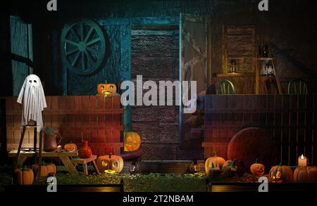 Halloween ghost town. Spooky ghost with pumpkins in haunted house. 3D ...
