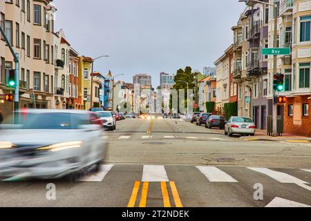 Moving car with blur light through Pilsudski Bridge at night in Torun ...