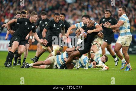 New Zealand's Mark Telea brought down during the Rugby World Cup 2023 ...