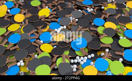 Pile of sport equipment like ping pong racket for table tennis on white ...