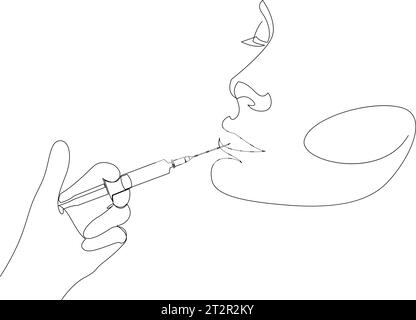 Continuous line drawing of beauty shot in lips. Gloved hand holding ...