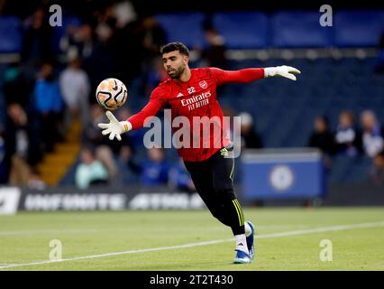 Arsenal goalkeeper David Raya warms up during the Premier League match ...