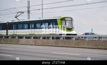 New REM light rail transit train going along Champlain bridge Stock ...