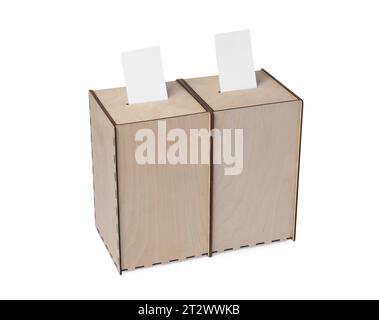 Wooden ballot boxes with votes isolated on white Stock Photo - Alamy