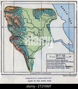 map of the River Ouse in York circa 1910 from a school geography text ...