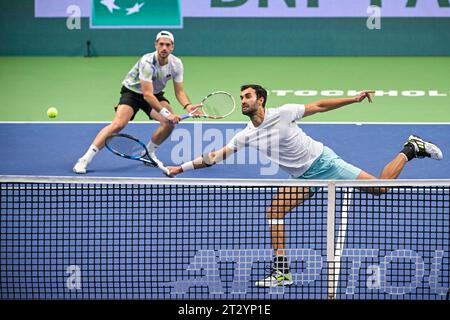 Julian Cash of Great Britain in action during the semi-final doubles ...