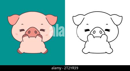 Kawaii Clipart Pig Illustration and For Coloring Page. Funny Kawaii ...