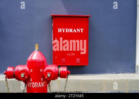 Side view of a hydrant box attached to an outdoor wall. With copy space ...