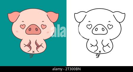 Kawaii Clipart Pig Illustration and For Coloring Page. Funny Kawaii ...