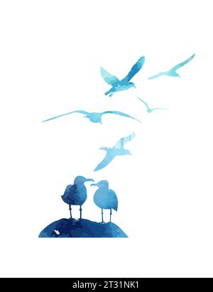 Watercolor blue seagulls on the sea. hand drawing. Not AI, seagull logo ...