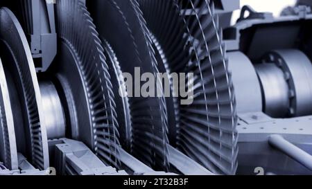 Close up of balancing steam turbine spinning rotor. Media. Industrial ...
