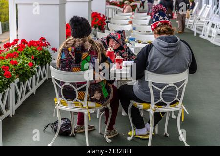Outdoor terrace at the Grand Hotel Mackinac Island. The front veranda ...