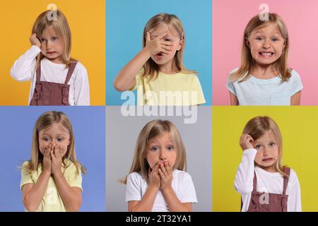 Collage with photos of embarrassed little girl on different color ...