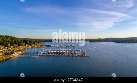 Aerial view of Mount Rainier and Liberty Bay from Poulsbo, Washington ...