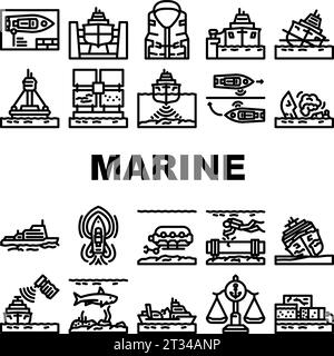 marine engineering ship icons set vector. vessel maritime, work, sea ...