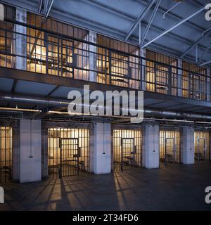 A prison hallway showcasing rows of cells. Hallway of the modern loft ...