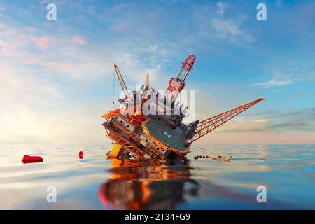 Aerial view of Oil Rig accident. Collapsed sinking offshore platform ...