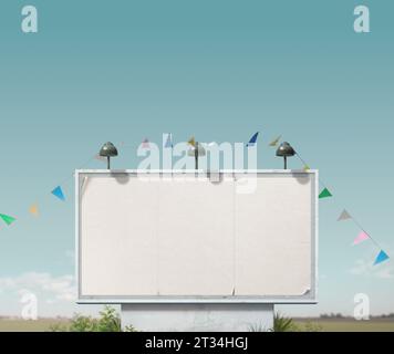 Large vintage billboard sign with white posters and string flags ...
