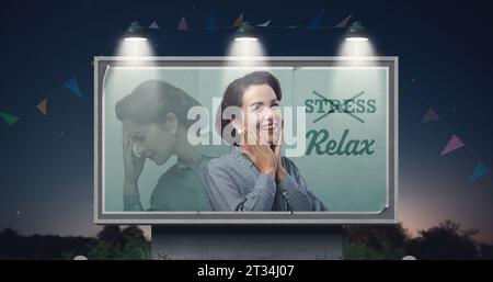 Inspirational advertisement on billboard: woman choosing relax over ...