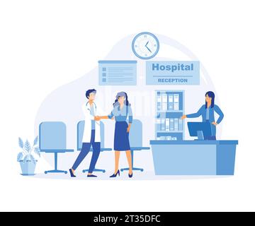 Modern clinic reception flat vector illustration. Smiling doctor, woman ...