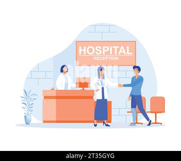 Modern clinic reception flat vector illustration. Smiling doctor, woman ...