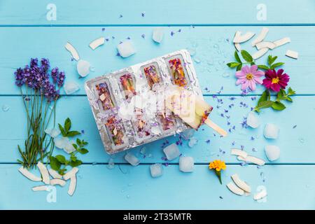 Homemade lemonade ice pops with herbs, edible flowers and coconut ...