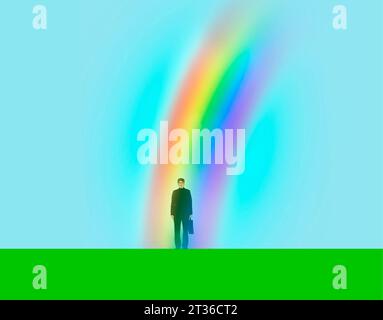 Illustration of man standing under rainbow Stock Photo - Alamy