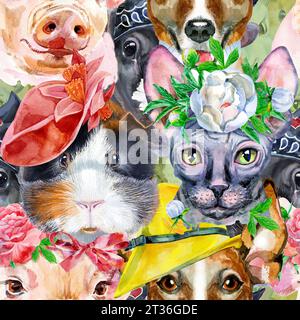 Seamless pets pattern. Hand painted watercolor drawing, isolate clip ...