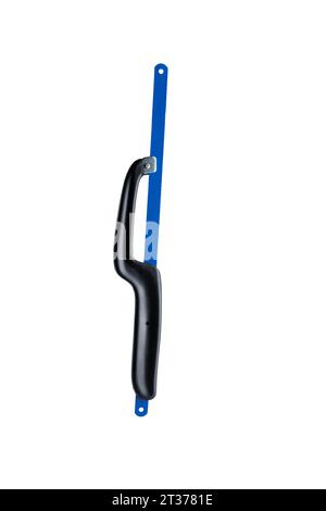 Blue hacksaw for metal. Close-up. Isolated on white background Stock ...