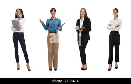 Collage with photos of beautiful secretaries on different color ...