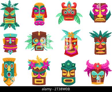 Hawaiian and Polynesia Tiki head totem vector design set- tribal folk ...