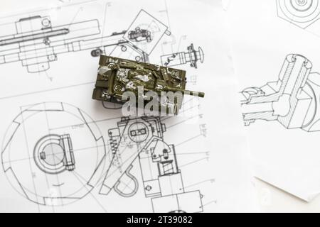 Military machine in the contour lines on graph paper. The contours of ...