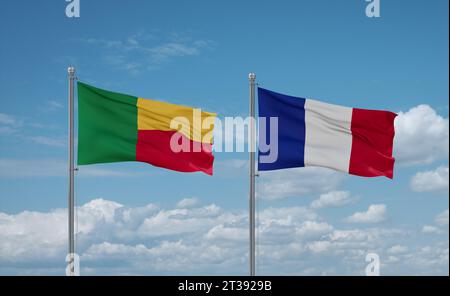 Benin and France flags waving together on blue cloudy sky, two country ...