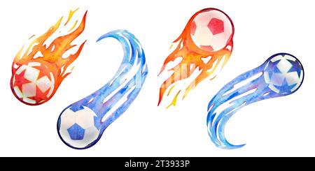 Watercolor drawing of flying football ball blue and white with ...