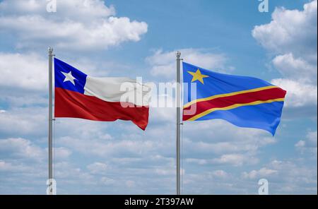 Chile and Congo or Congo-Kinshasa flags waving together on blue cloudy ...
