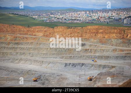 Erdenet, Mongolia. 24th June, 2023. Benches of an open-pit copper mine ...