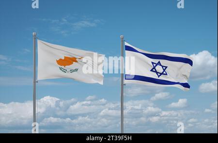 Cyprus flag and Israel flag waving together on blue sky, two country ...