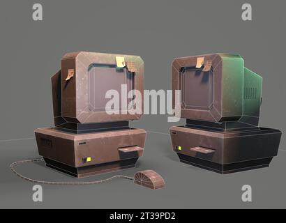 An old stylized computer on a gray background 3d-rendering Stock Photo ...
