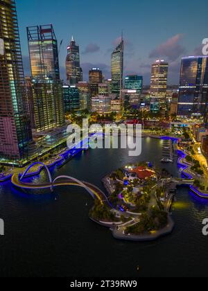 Aerial vertical shot of Perth city and highway traffic in Australia ...