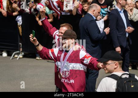 RIGA, Latvia. 29th May, 2023. Ralfs Freibergs and Kristaps Zile, IIHF ...