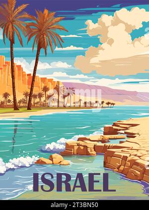 Israel poster in retro style. Map of the country with regions in autumn ...