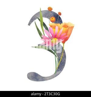 Wildflowers Number Three Blossom Alphabet Design. Watercolor Floral ...