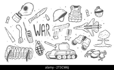 Military Soldier doodle icon set. War Style Vector illustration ...
