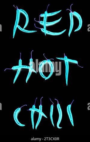 Red chilli peppers arranged to spell out RED HOT CHILI . The chillies ...