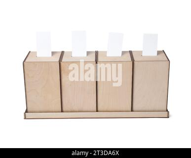 Wooden ballot boxes with votes isolated on white Stock Photo - Alamy