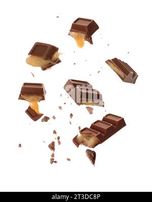 Pieces of chocolate bars with caramel falling on white background Stock ...