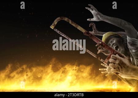 Zombie hands with a fire flames background. Scary Halloween concept ...