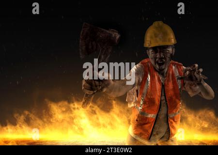 Scary zombie with axe on dark background Stock Photo - Alamy
