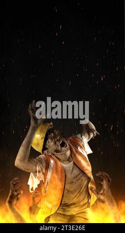 A scary construction worker zombie with blood and wounds on his body ...