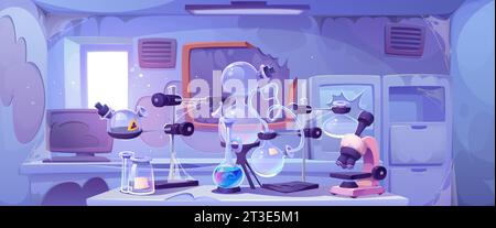 Abandoned scientific laboratory with broken scientific equipment and ...